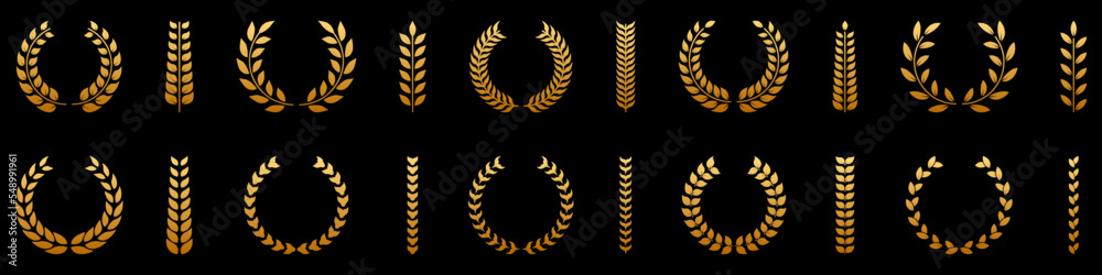 Gold Laurel Wreath Silhouette Icon Set. Golden Round Olive Leaves ...