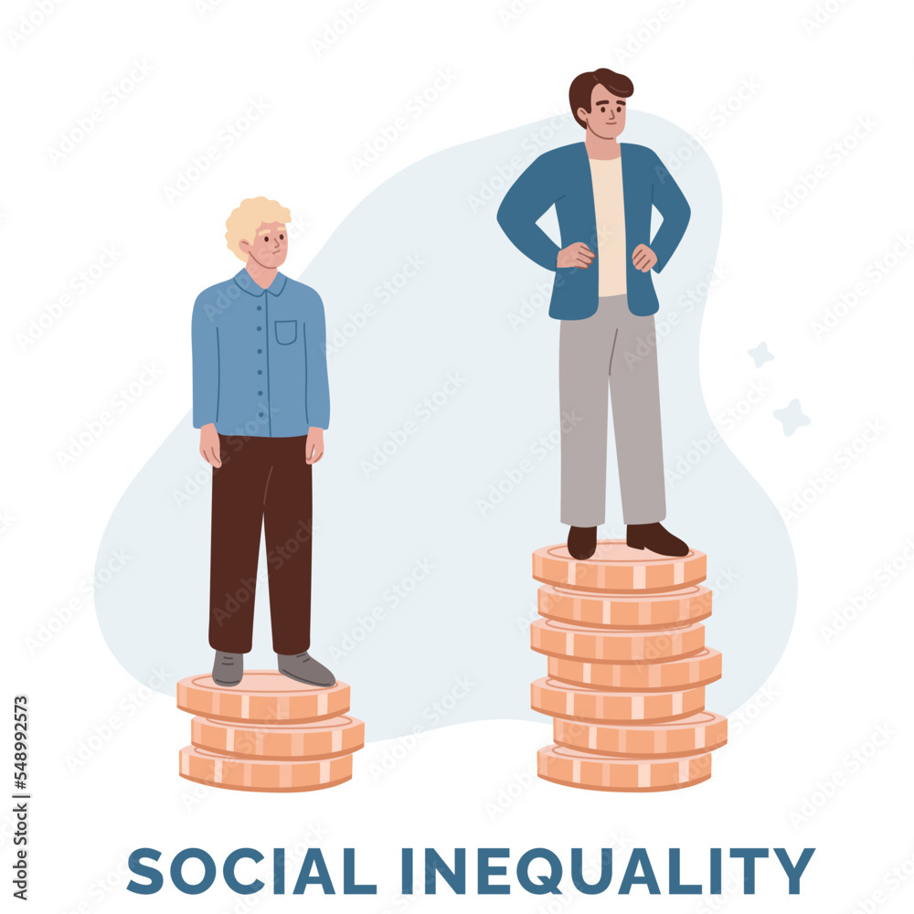 Social inequality concept. Salary gap. Men standing on stacks of coins ...
