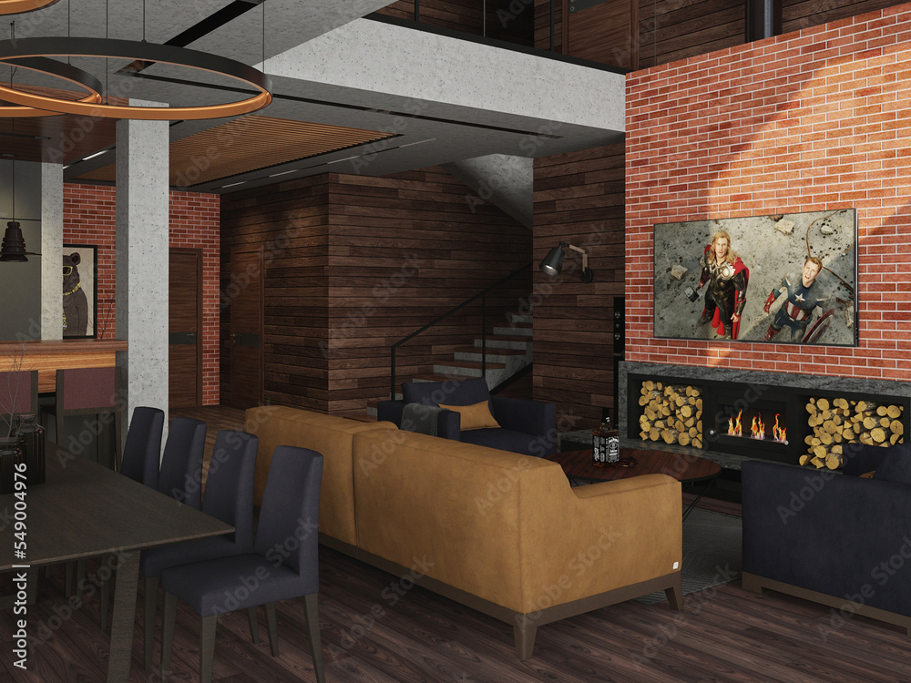3d visualization of a modern interior in a loft style. Brick wall ...