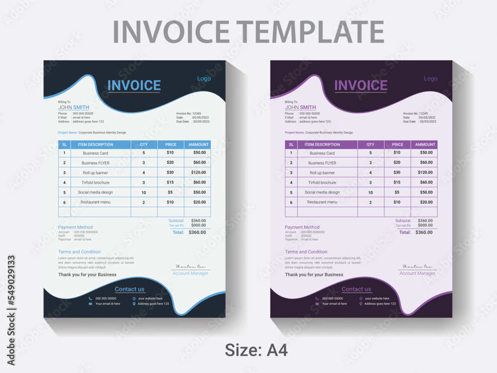Professional Invoice design template, easy editable bill receipt layout ...