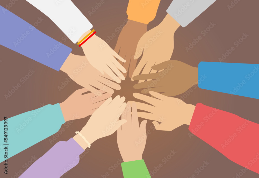 Hands together, Unity, teamwork, community, celebration, friendship, diversity, Top view of ...
