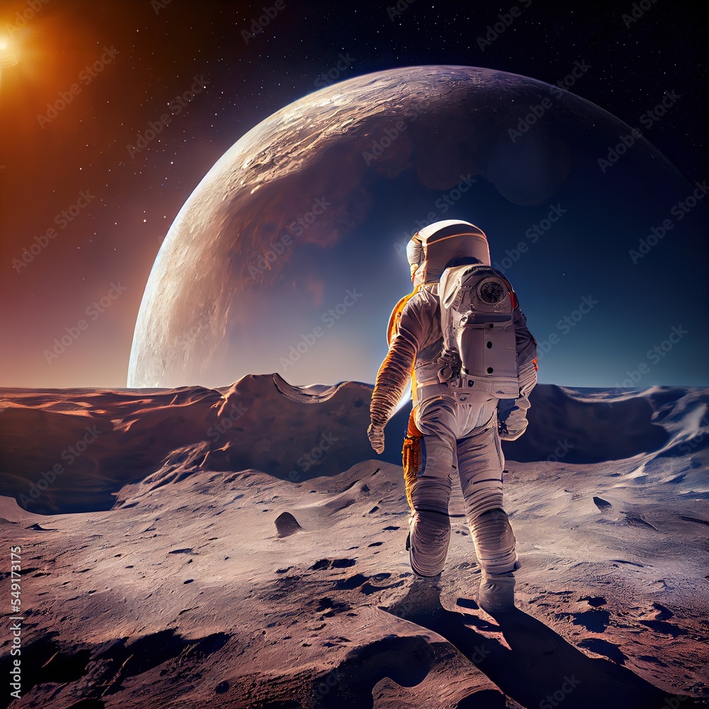 Astronaut stands on the Moon surface and looking on the planet Earth, rear view. Stunning ...