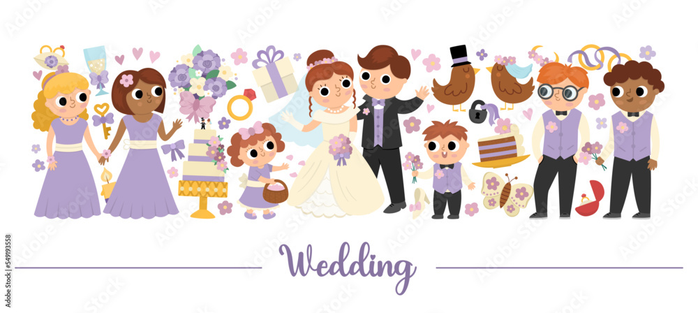 Vector wedding horizontal border set with just married couple. Marriage ...