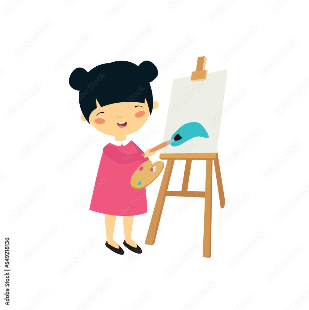 Cute Asian girl. The little girl draws with paints on the easel ...