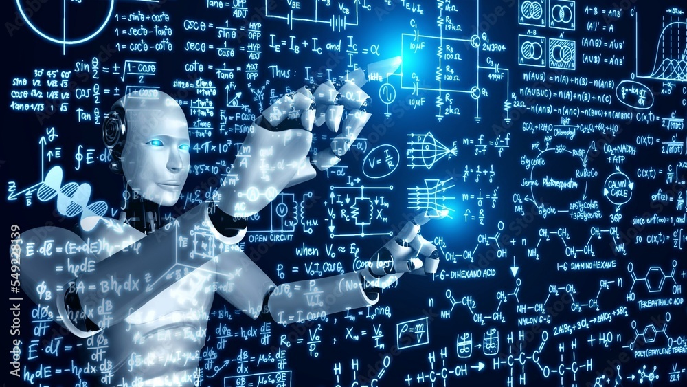 AI hominoid robot touch screen of mathematics formula and science equation by using artificial ...
