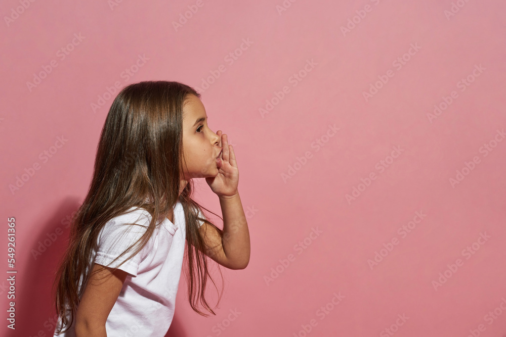 Side view caucasian little girl speak in whisper Stock Photo | Adobe Stock