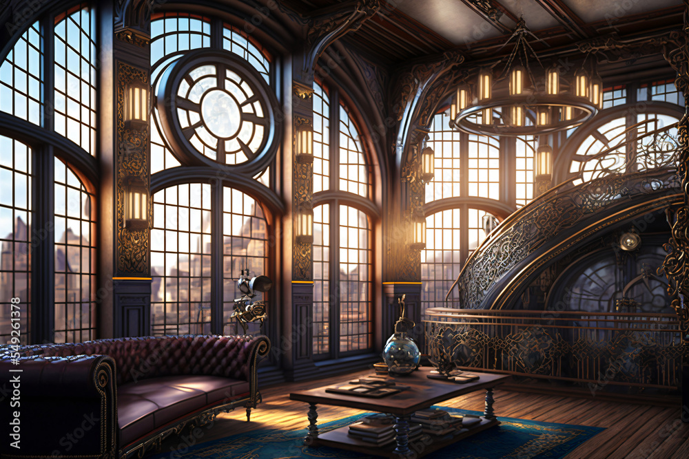 steampunk interior design, fantasy retro hall, in a victorian house with big windows, fictional ...