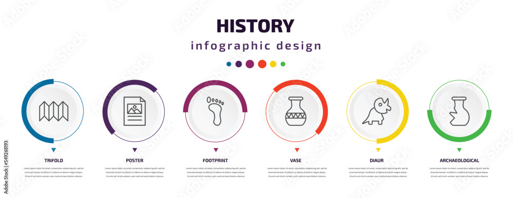 history infographic element with icons and 6 step or option. history ...