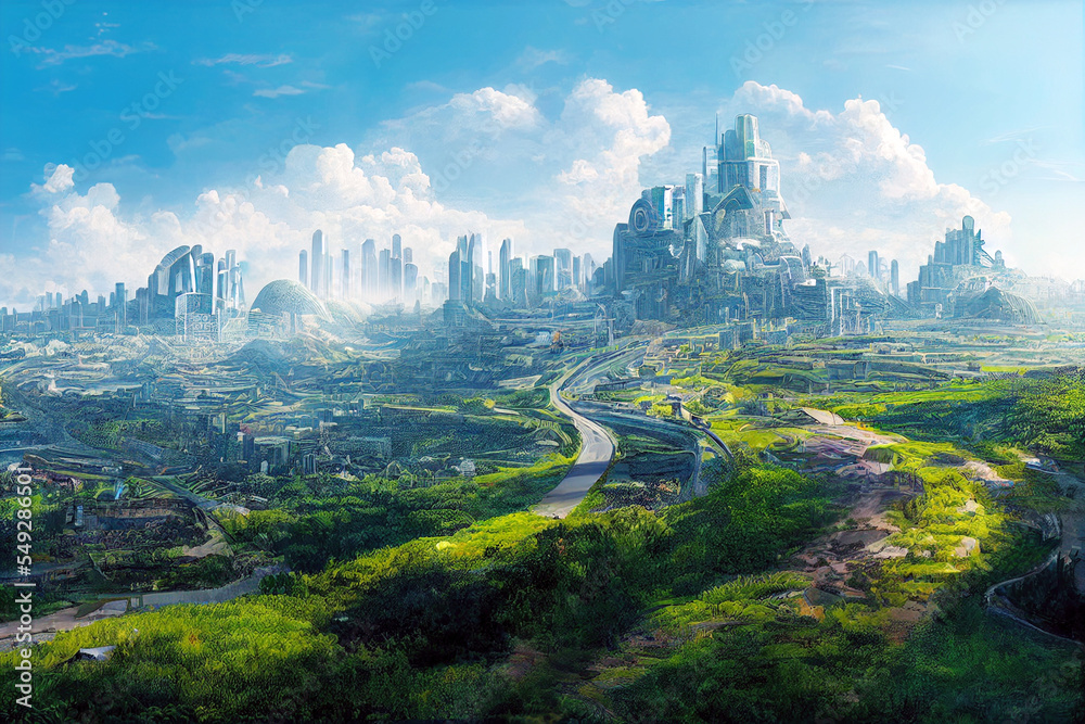 utopian landscape with a city in the distance, concept art Stock ...