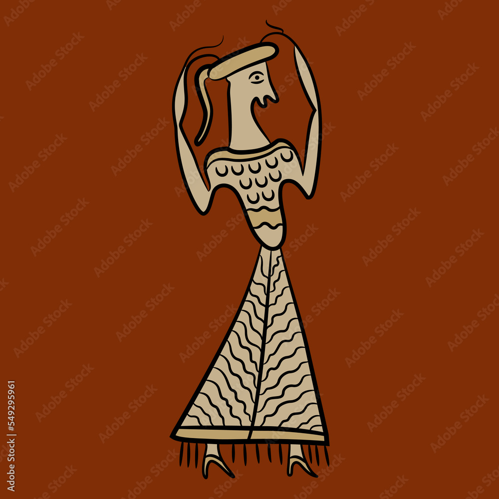Dancing Mycenaean woman. Standing funny ancient Greek lady wearing long ...