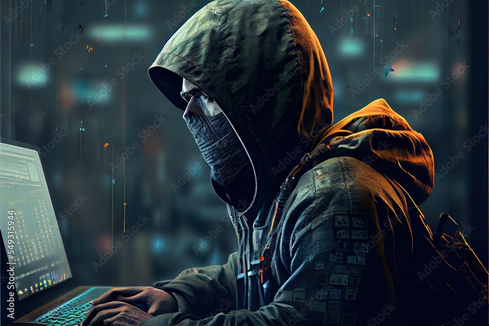 Computer-generated image of a computer hacker. Cyberpunk setting with ...