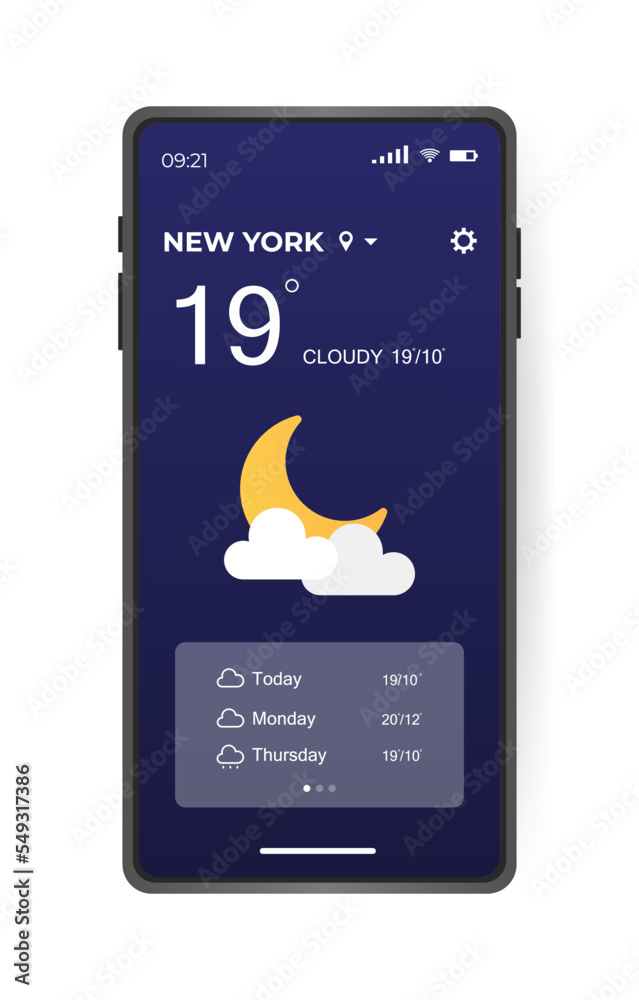 Mobile weather app interface design. GUI elements for weather forecast mobile app. Realistic ...