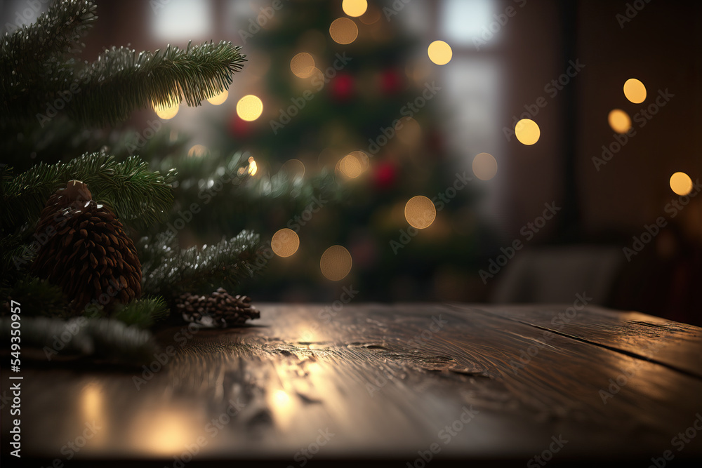 Empty table in front of Christmas tree with decorations background for ...