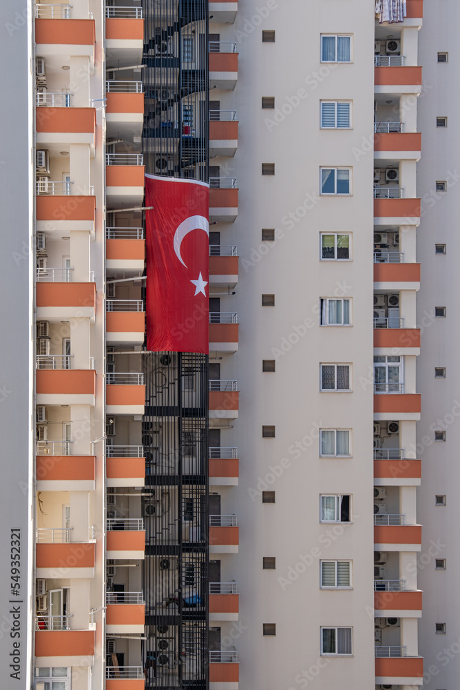 Emergency exit fire escape in multi-storey apartment building. The big ...