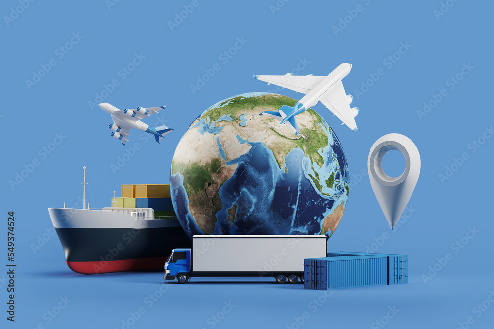 Global logistics with cargo ship, airplanes and truck, earth and ...