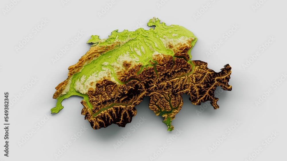 3D rendering of a height map of Switzerland with shaded relief isolated ...