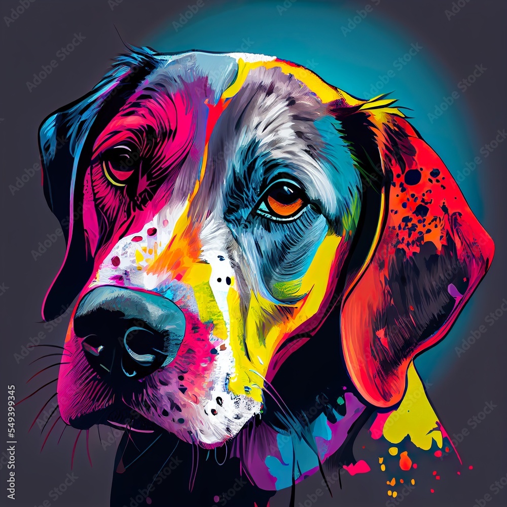colorful dog pop art portrait, a dog with colorful paint on its face ...