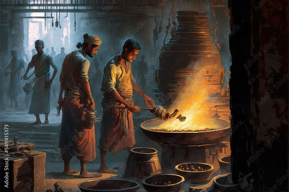 AI generated image of an ancient Indian foundry, liquid iron molten ...