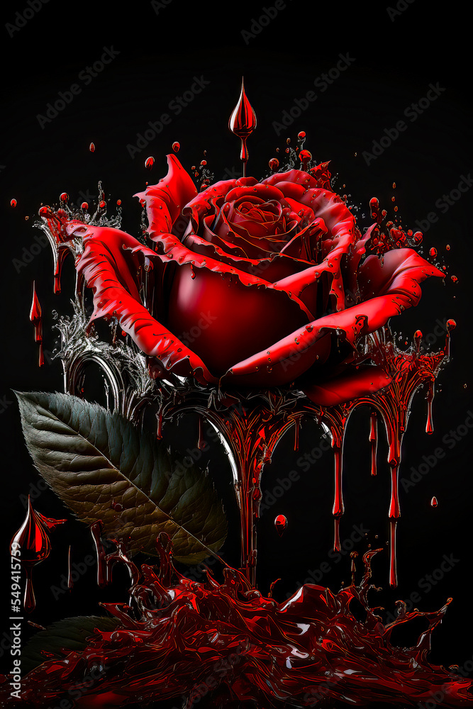 Gothic rose dripping in red liquid ultra black shadow tones black background bloody rose Stock ...