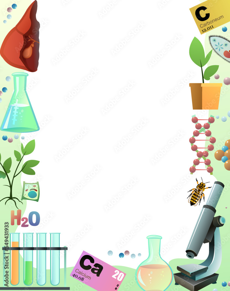Border Chemistry along edge of image. Science items picture. Study of ...