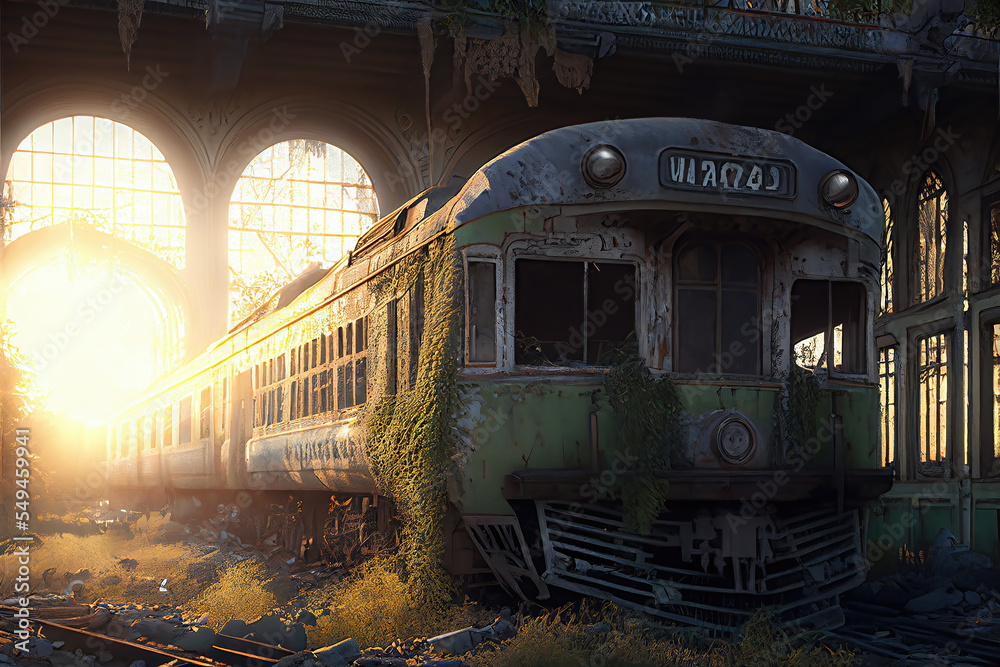AI generated image of an abandoned train in a ruined train station in a ...