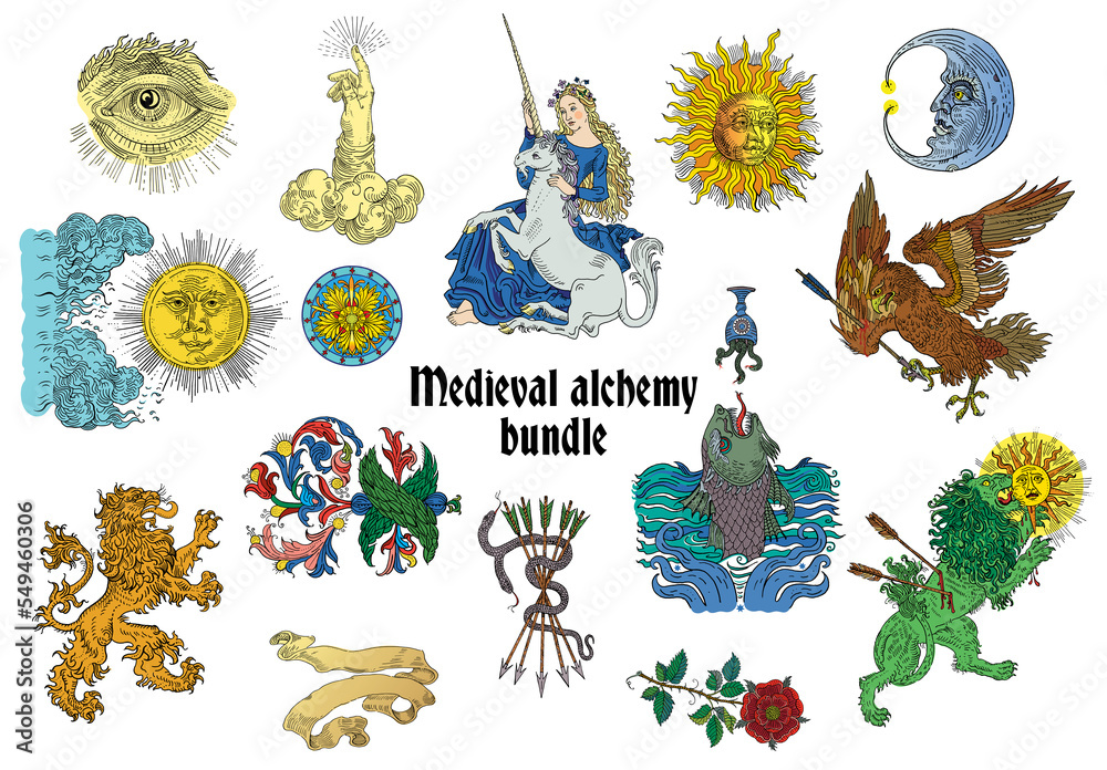 Set of gothic alchemical occult astrological motifs in medieval ...