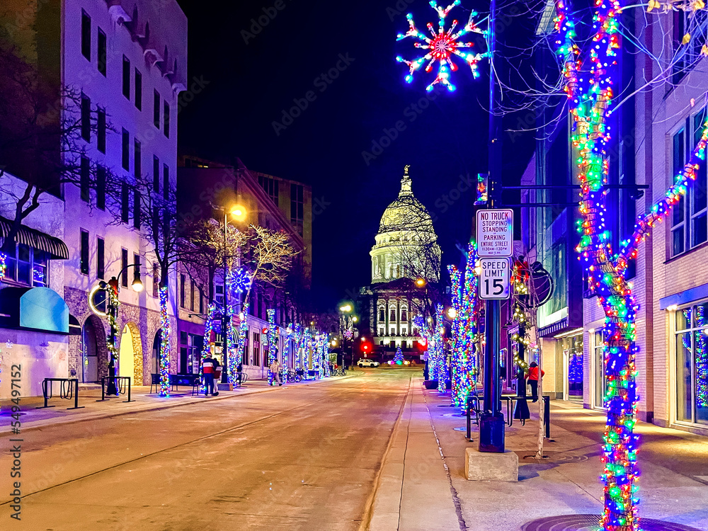 Looking down State Street in downtown Madison, Wisconsin at night with ...