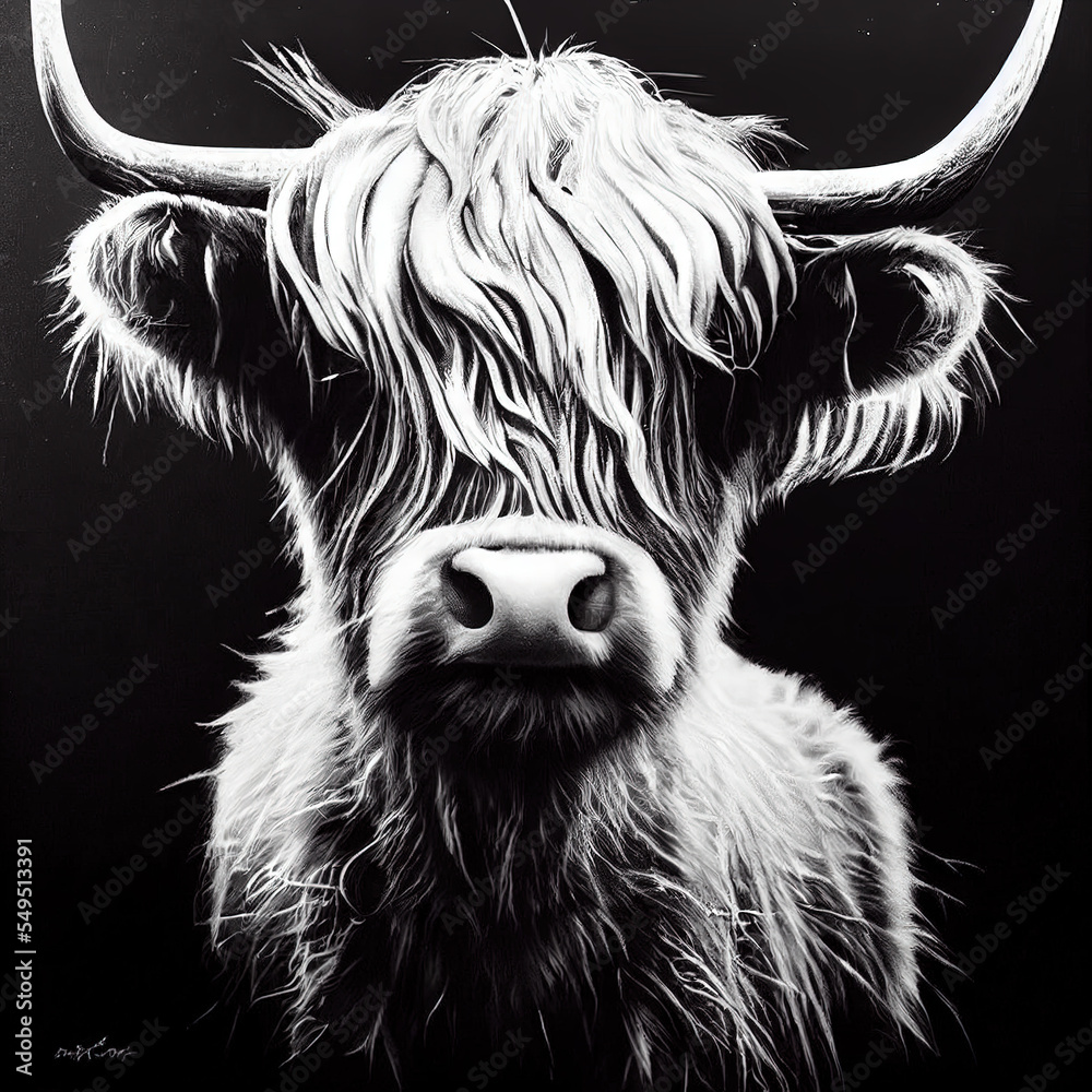black and white illustrated photo of a highland cow staring at the ...