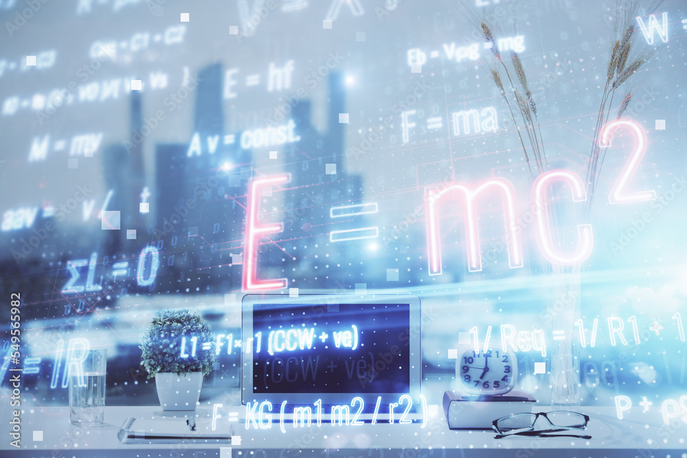 Desktop computer background and formula hologram writing. Double ...