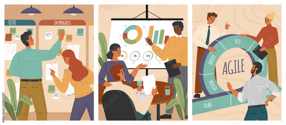Agile development concept vector posters set. Team work, kanban board, scrum sprint process ...