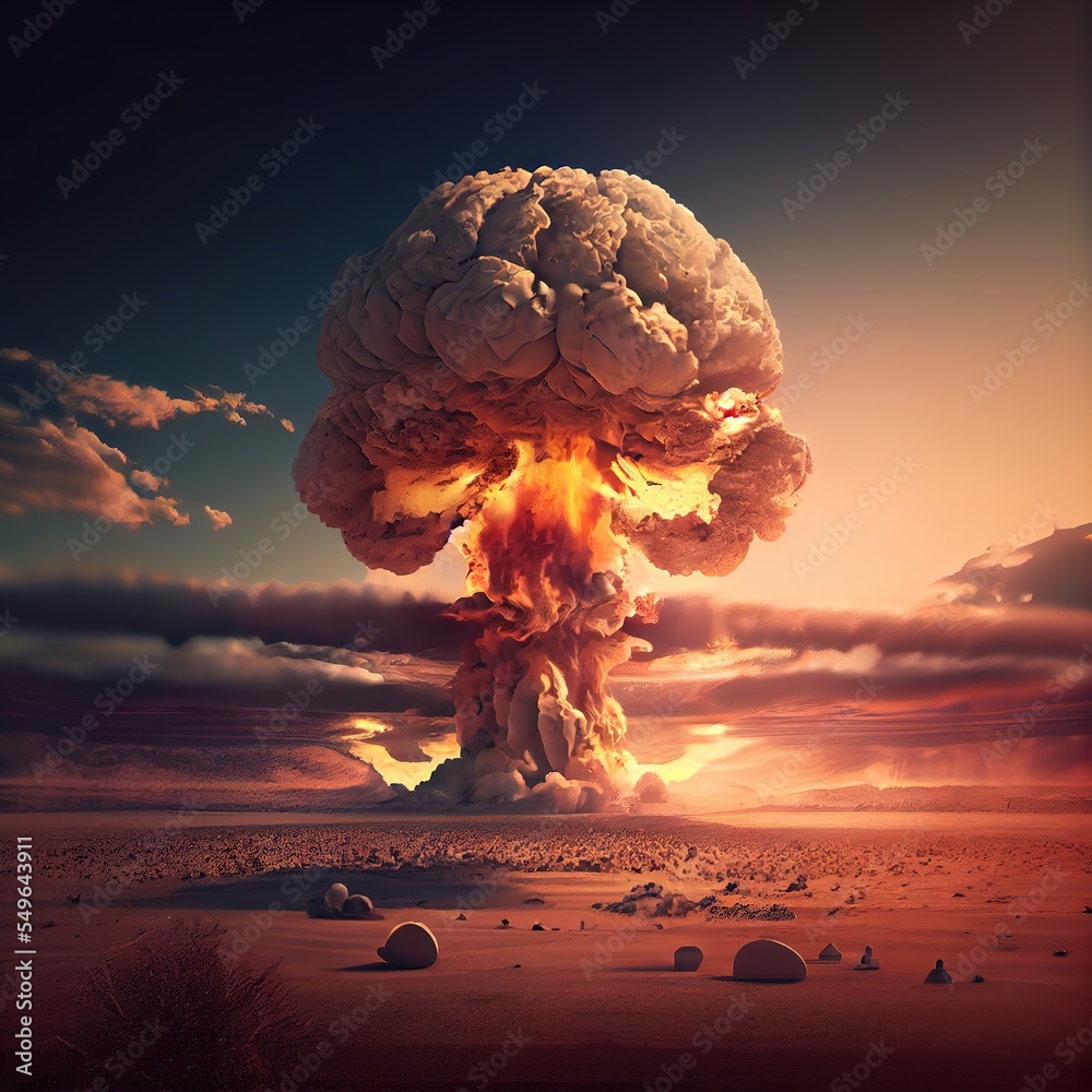 Nuclear explosion in the desert. Atom bomb explosion and mushroom cloud exploding ...