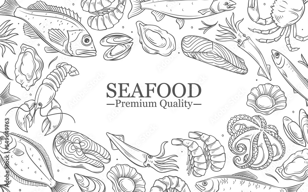 Seafood, premium quality vector illustration. Hand drawn line ...