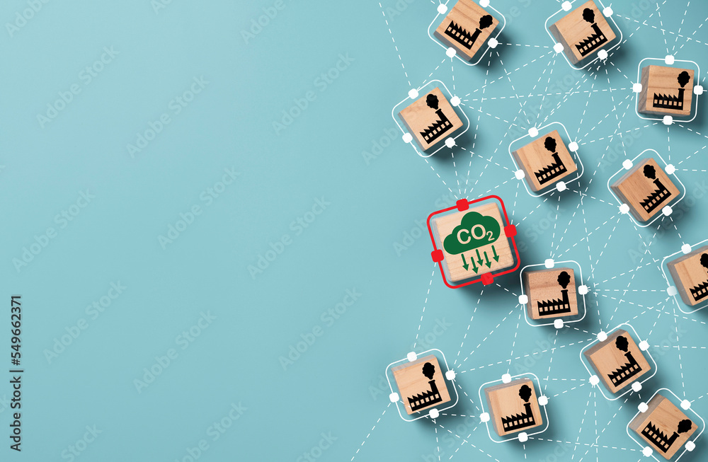 CO2 reducing icon link with factory with pollution emission for decrease CO2 , carbon footprint ...