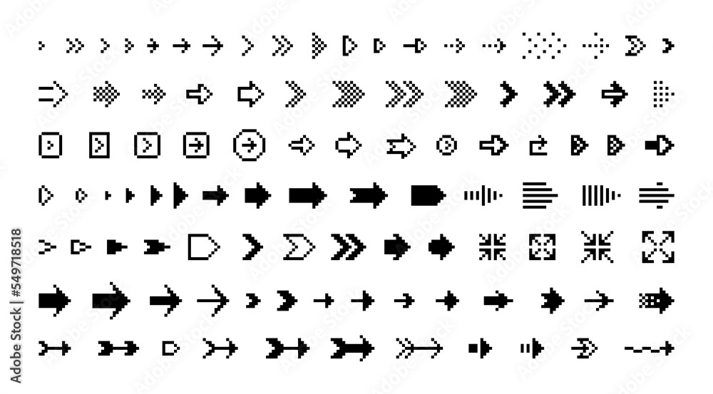 Ilustración de Stock Pixel 8 bit arrow vector set. collection of ...