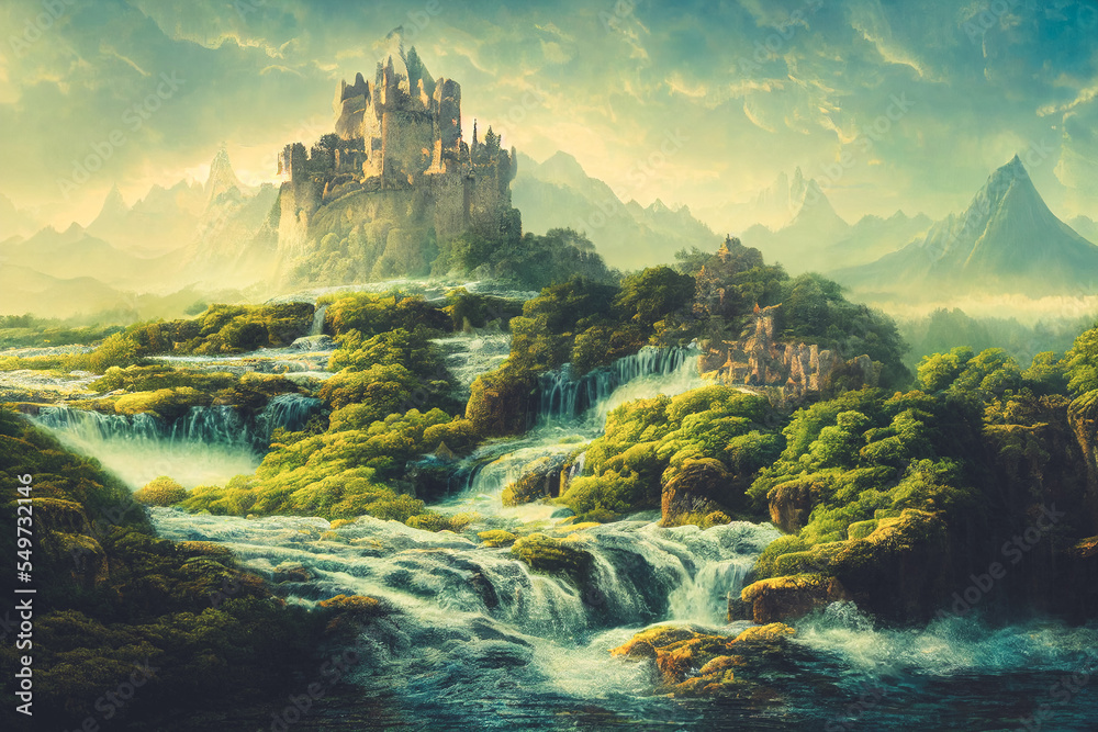 Beautiful digital art 3D illustration of fantasy fairy tale castle on ...