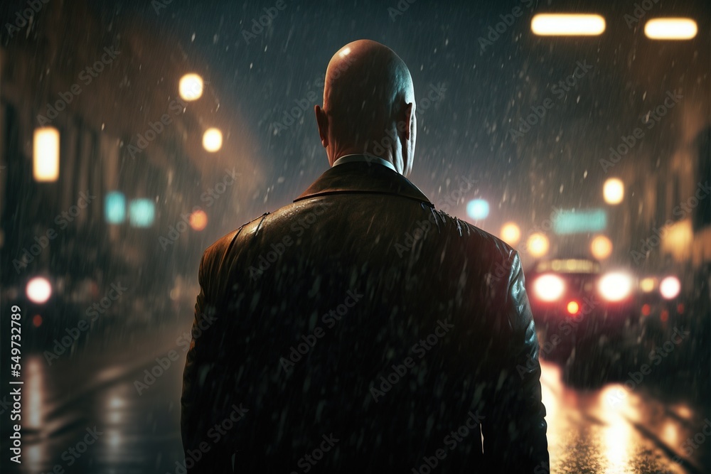 Mafia hitman in a suit, bald killer silhouette in a coat with a gun in ...