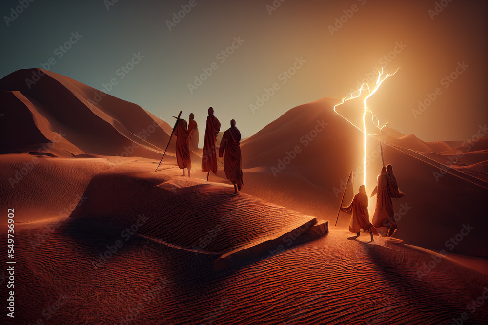 Exodus, Moses crossing the desert with the Israelites, escape from the ...