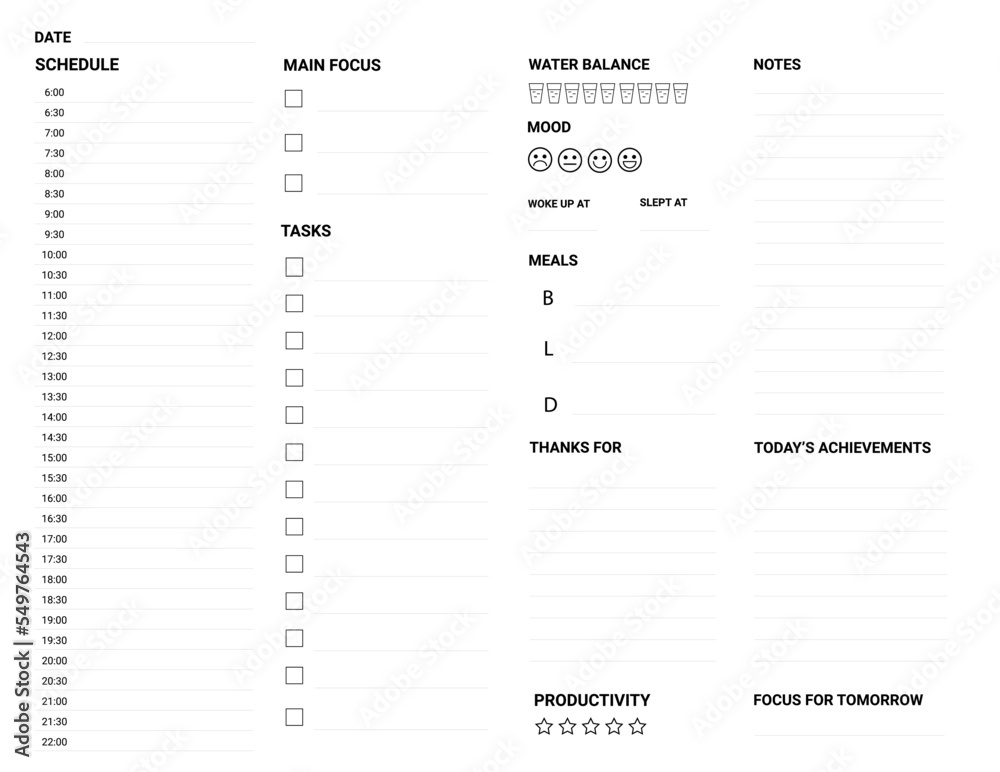 Daily planner printable template Vector. Blank white notebook page in ...