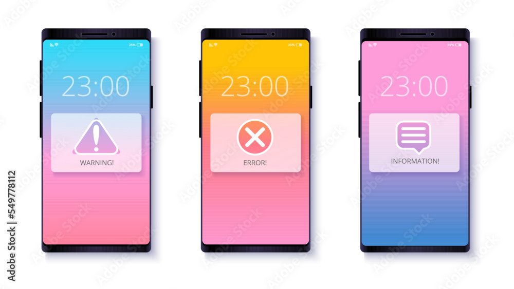 Notification alert popup messages for mobile app design. Warning, Error and Info notifications ...