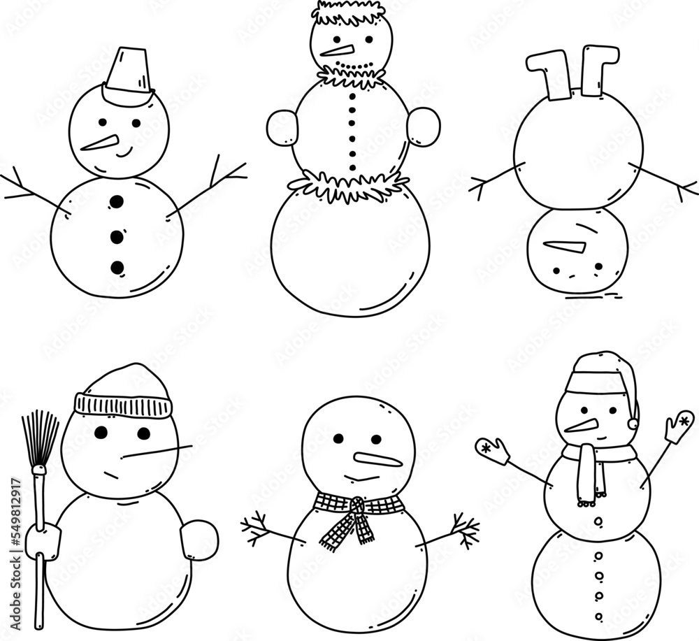 Various snowmen doodle vector illustration. Winter holidays character ...