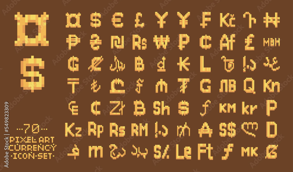 World currency pixel art icon set. Shiny golden currency symbols ...