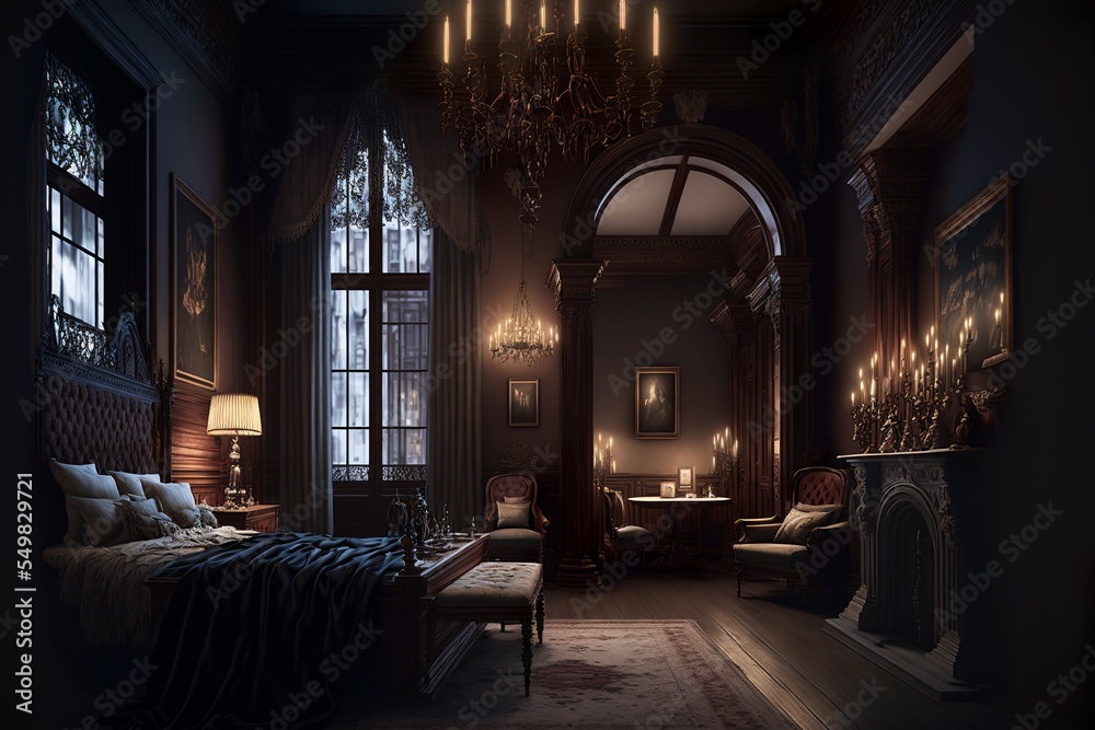 ภาพประกอบ Stock Gothic mansion victorian living hall room interior ...