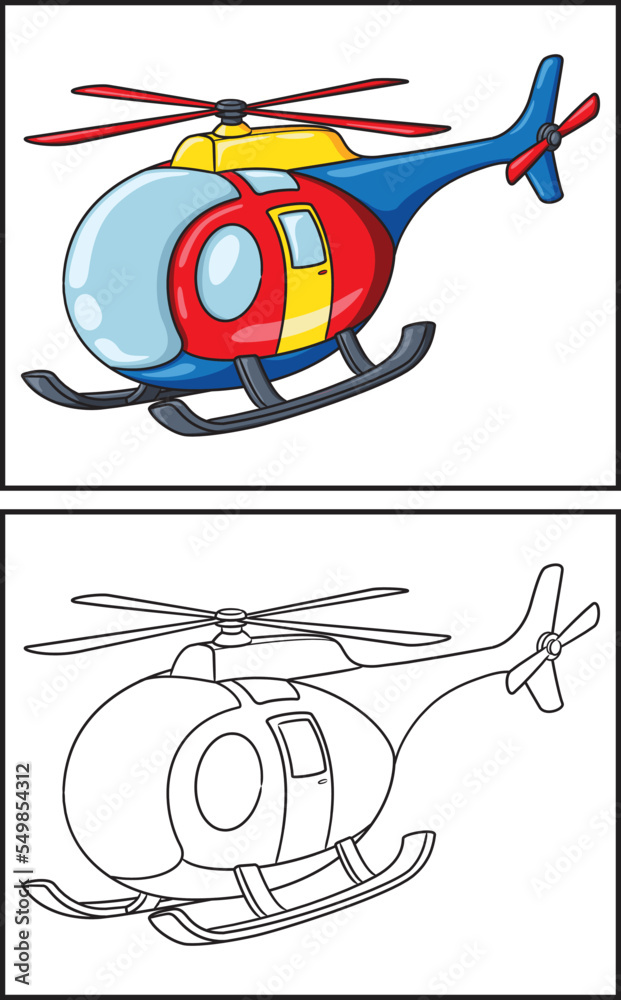 Coloring book cute helicopter. Coloring page and colorful clipart ...