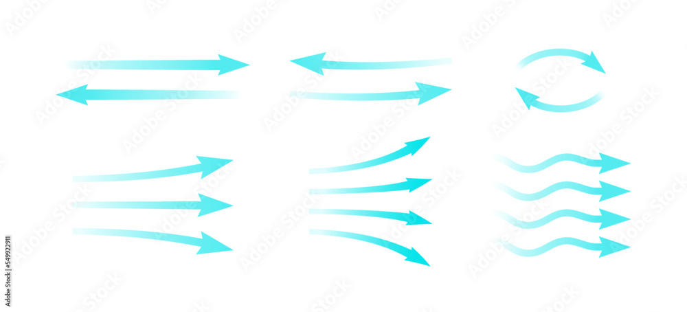 Air flow. Set of blue arrows showing direction of air movement. Wind ...