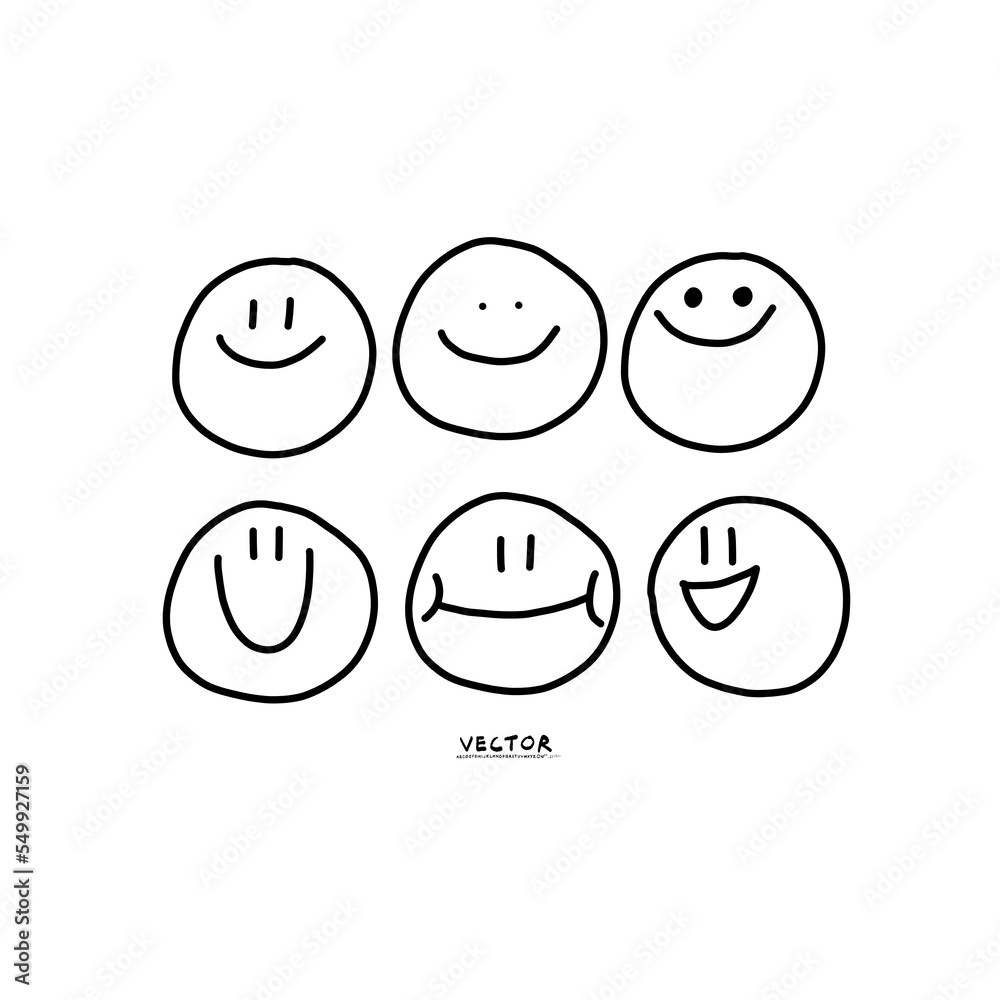 set of smileys, smail, smile, happy emoji, cute in doodle line art ...