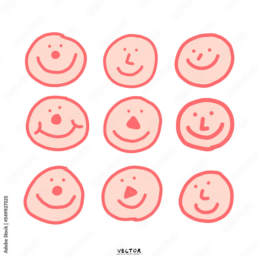 set of smileys, smail, smile, happy emoji, cute in doodle line art ...