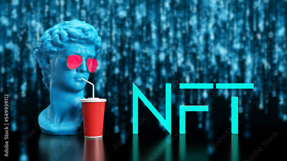 3d render nft concept david drinks a drink from a red glass in glasses ...