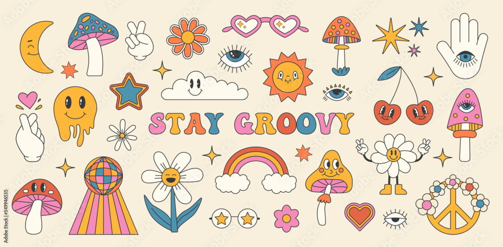 Collection of Retro 70s groovy elements Stock Vector | Adobe Stock
