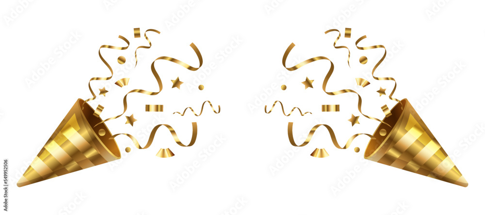 Exploding gold party popper with confetti and ribbon banner Stock ...