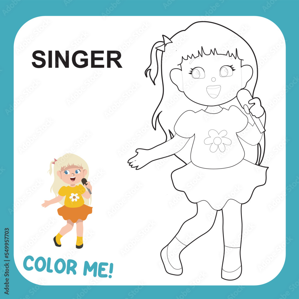 Kids’ dream job theme coloring page for kids. A cute singer singing ...